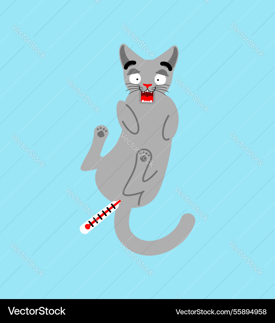 Sick cat and thermometer measuring temperature Vector Image