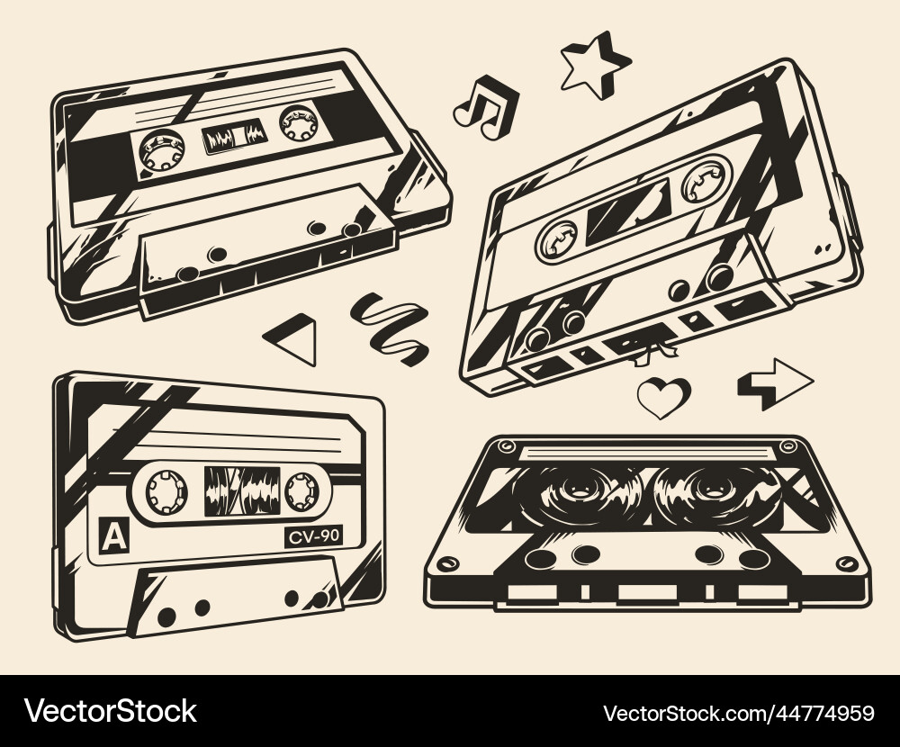 Compact cassette set monochrome vintage Royalty Free Vector