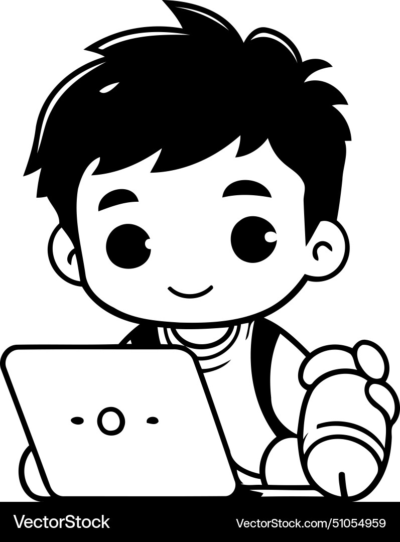 Cute little boy using laptop in cartoon style Vector Image