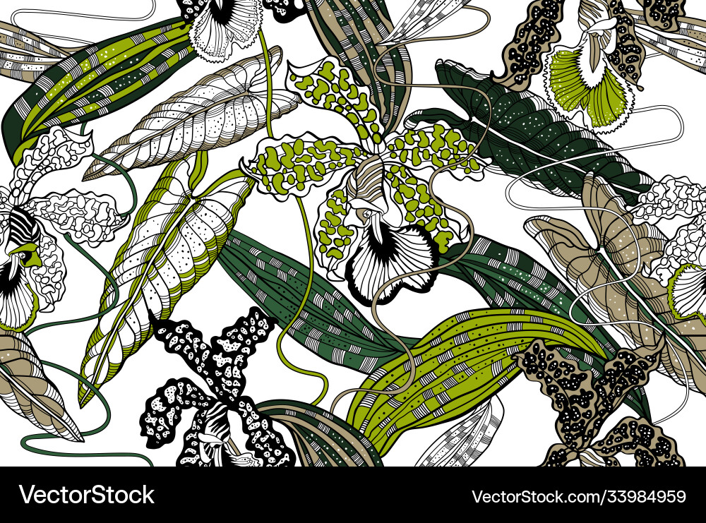 Wild exotic orchids and tropical leaves Royalty Free Vector