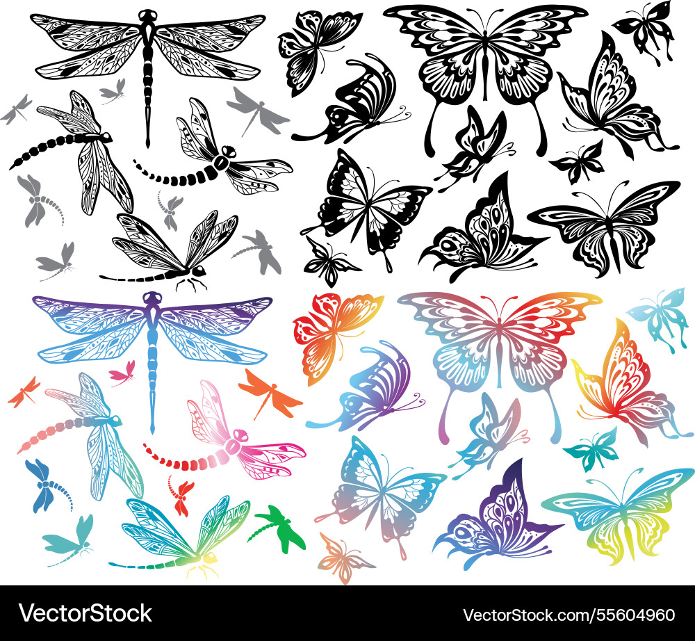 Decorative stylized butterflies and dragonflies Vector Image