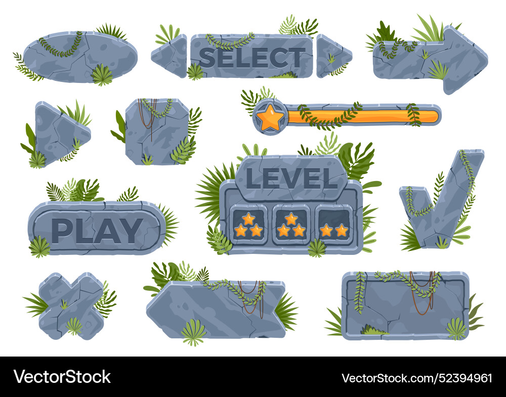 Stone panels with jungle plants gui elements Vector Image