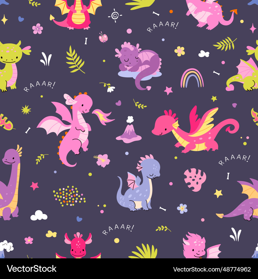 Cartoon dragon seamless pattern cute dragons Vector Image