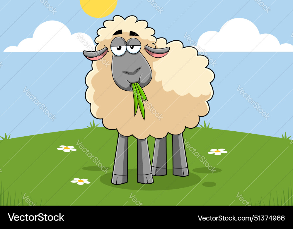Funny sheep cartoon character eating a grass Vector Image