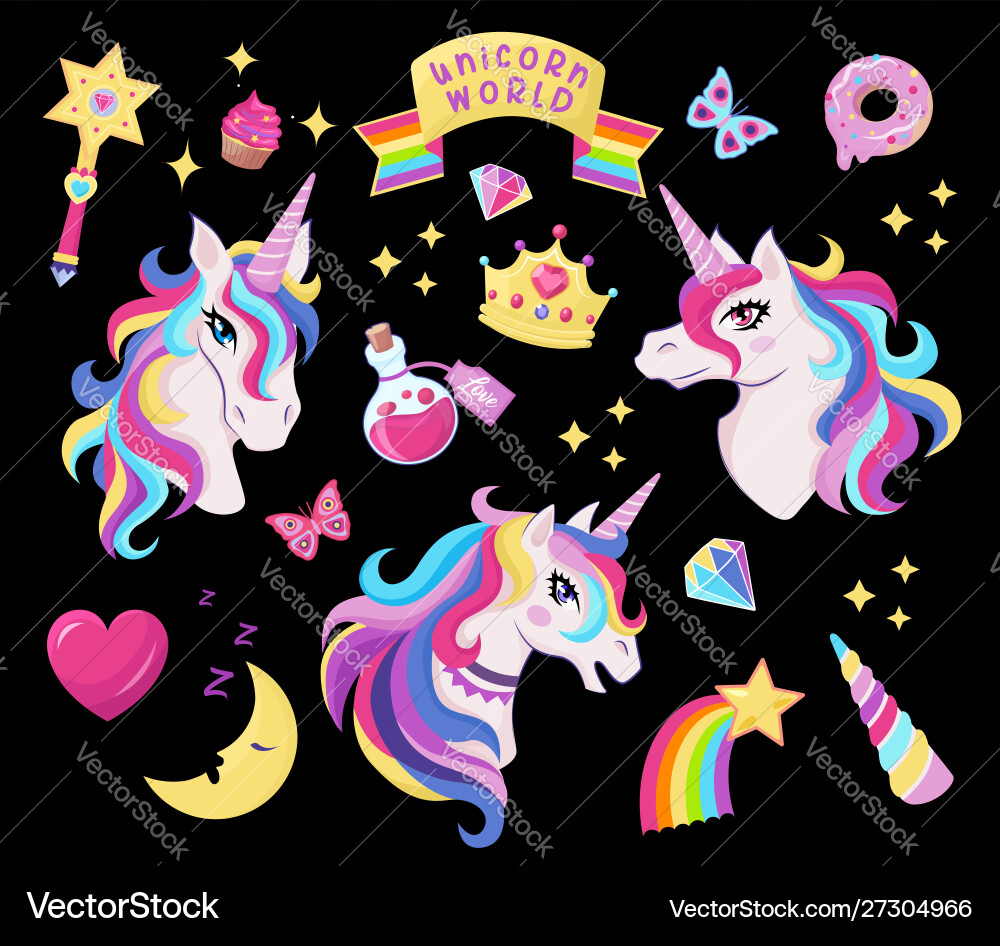 Magical Unicorn Icon Set Royalty Free Vector Image