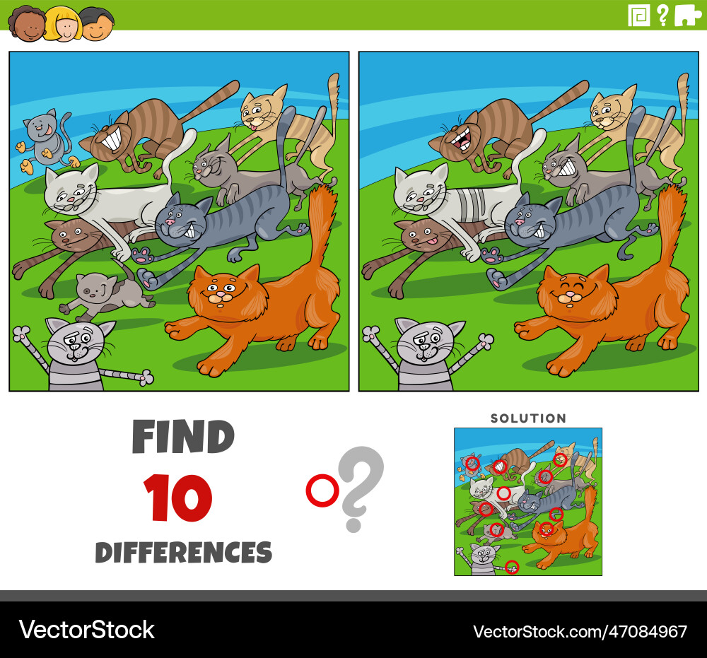 Differences game with comic running cats Vector Image