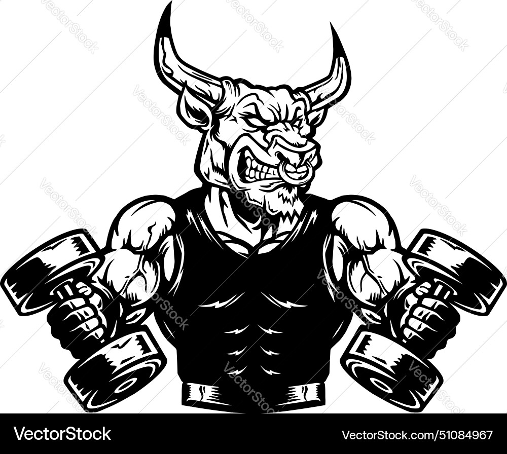 Muscular angry bull bodybuilder with dumbbells Vector Image