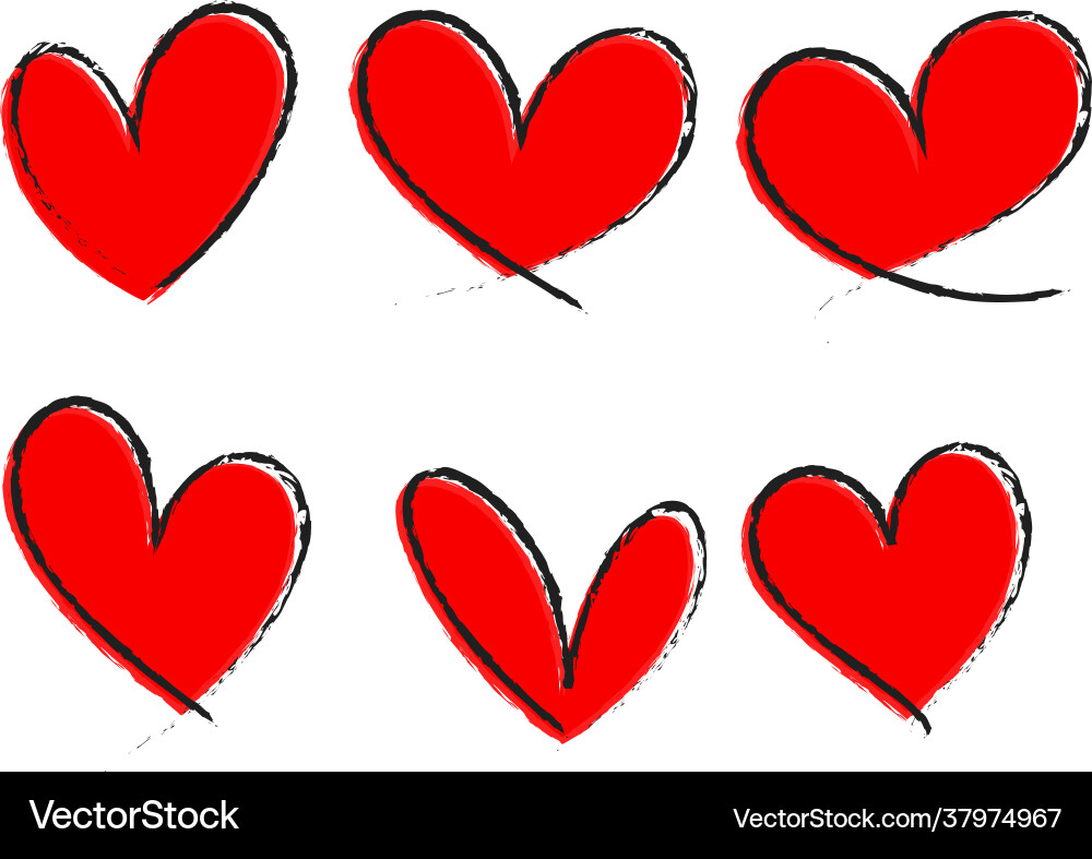 Set red heart hand drawn isolated Royalty Free Vector Image