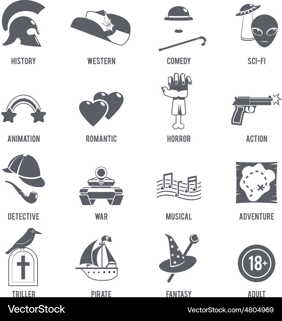 Film genres icons black set Royalty Free Vector Image