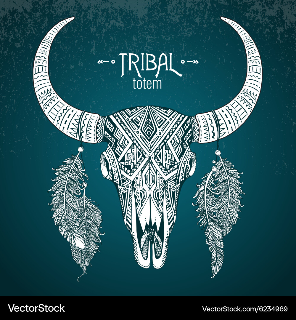 Hand drawn of bull skull with feathers Royalty Free Vector