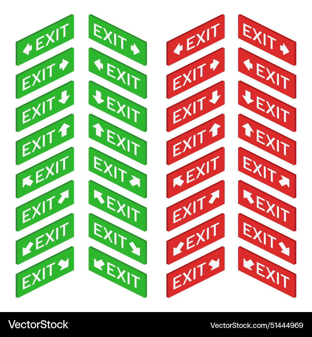 Isometric exit red green wall arrow sign set flat Vector Image