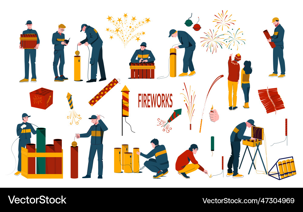 Pyrotechnics fireworks launch flat icon set Vector Image