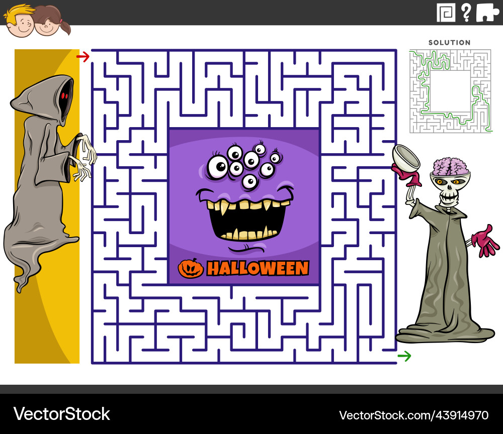 Maze with cartoon skeleton and monster Royalty Free Vector