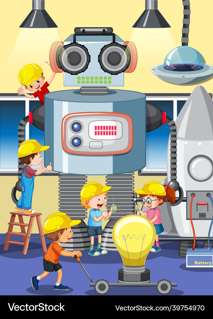 Scene with children building robot together Vector Image