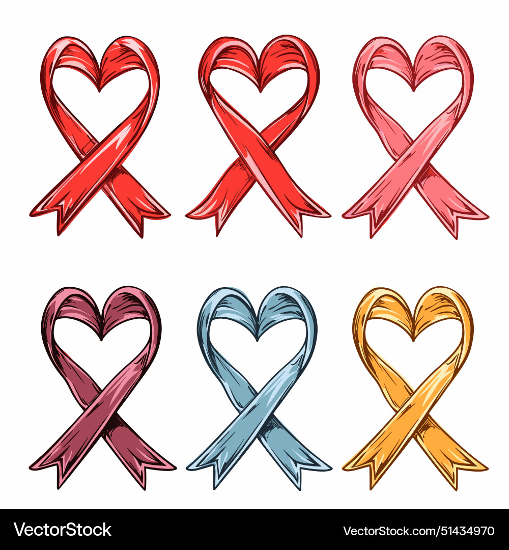 Six colorful awareness ribbons arranged two rows Vector Image