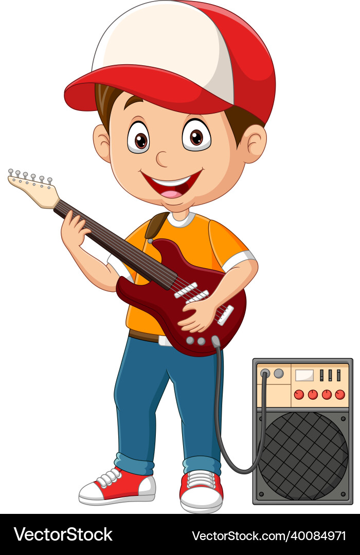 Cartoon little boy playing electric guitar Vector Image