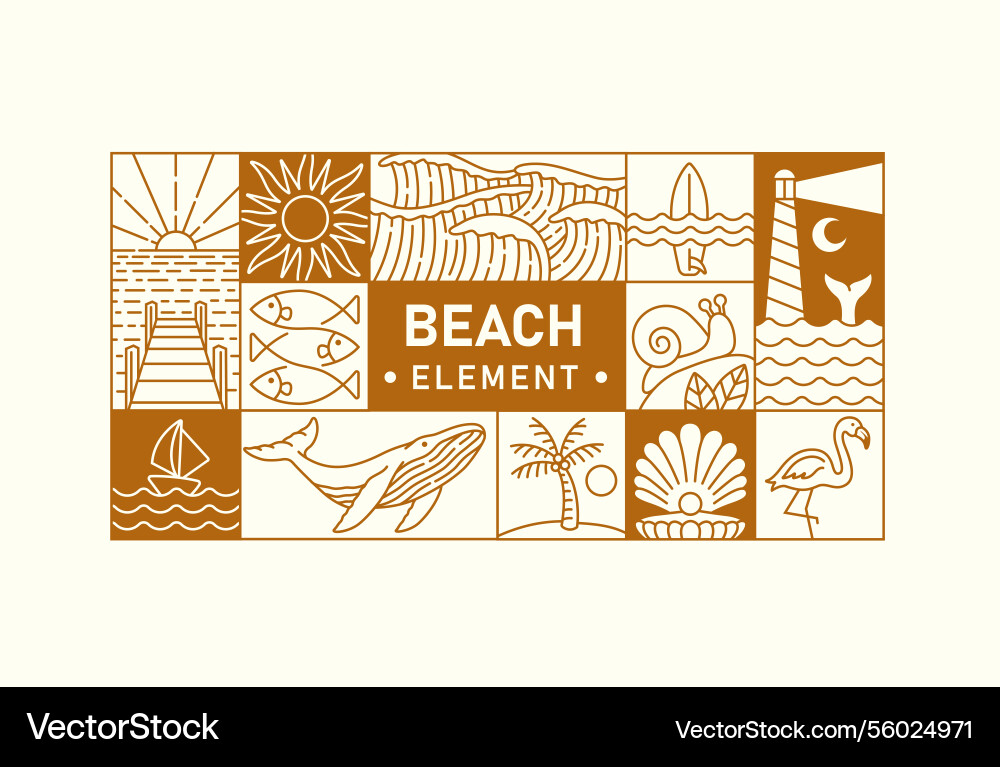 Line art of beach elements collection Royalty Free Vector