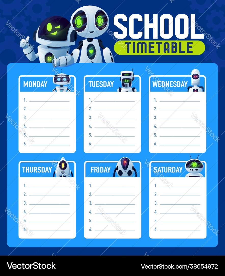 School timetable with robots droids week schedule Vector Image