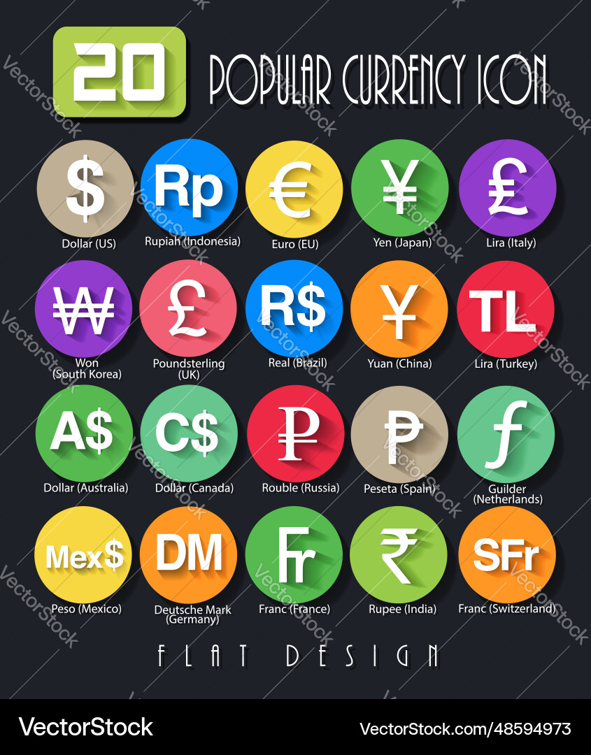 20 popular currency symbols flat design Royalty Free Vector