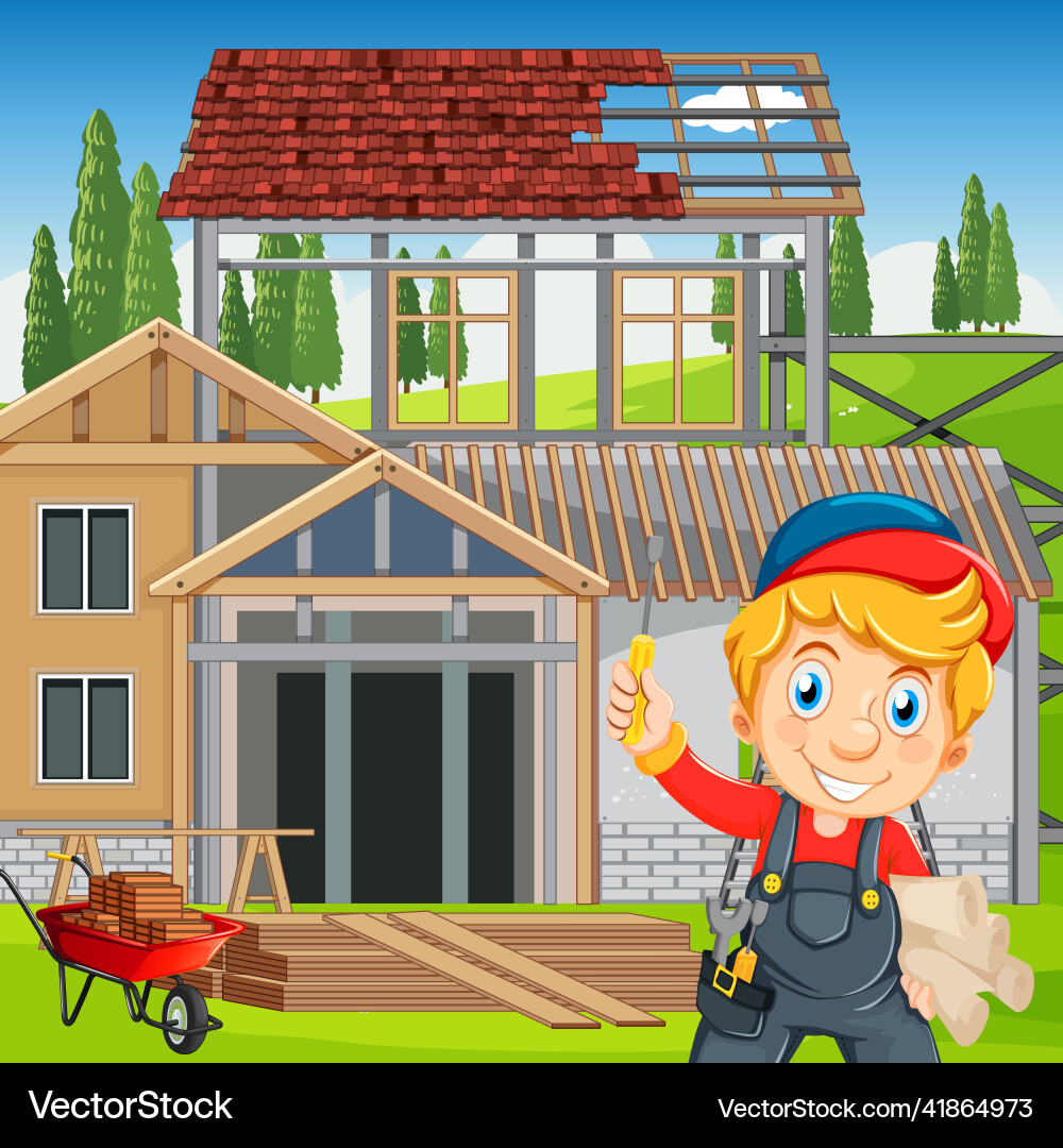 Cartoon scene of building construction site Vector Image