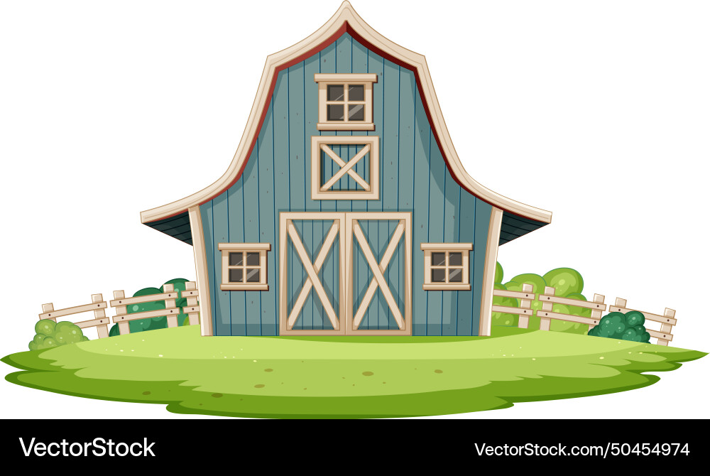 Quaint blue barn with white trim on greenery Vector Image