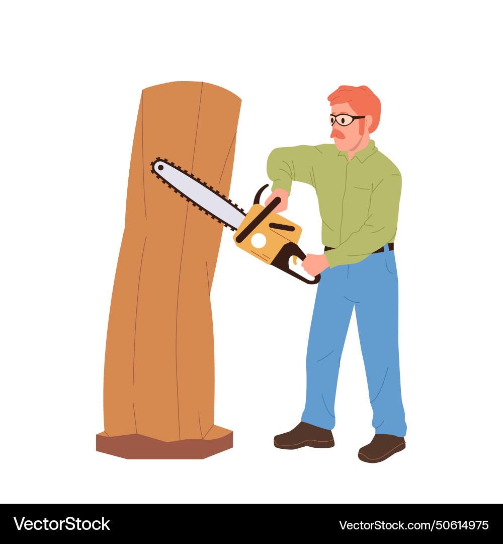 Man sculptor cartoon character working with saw Vector Image