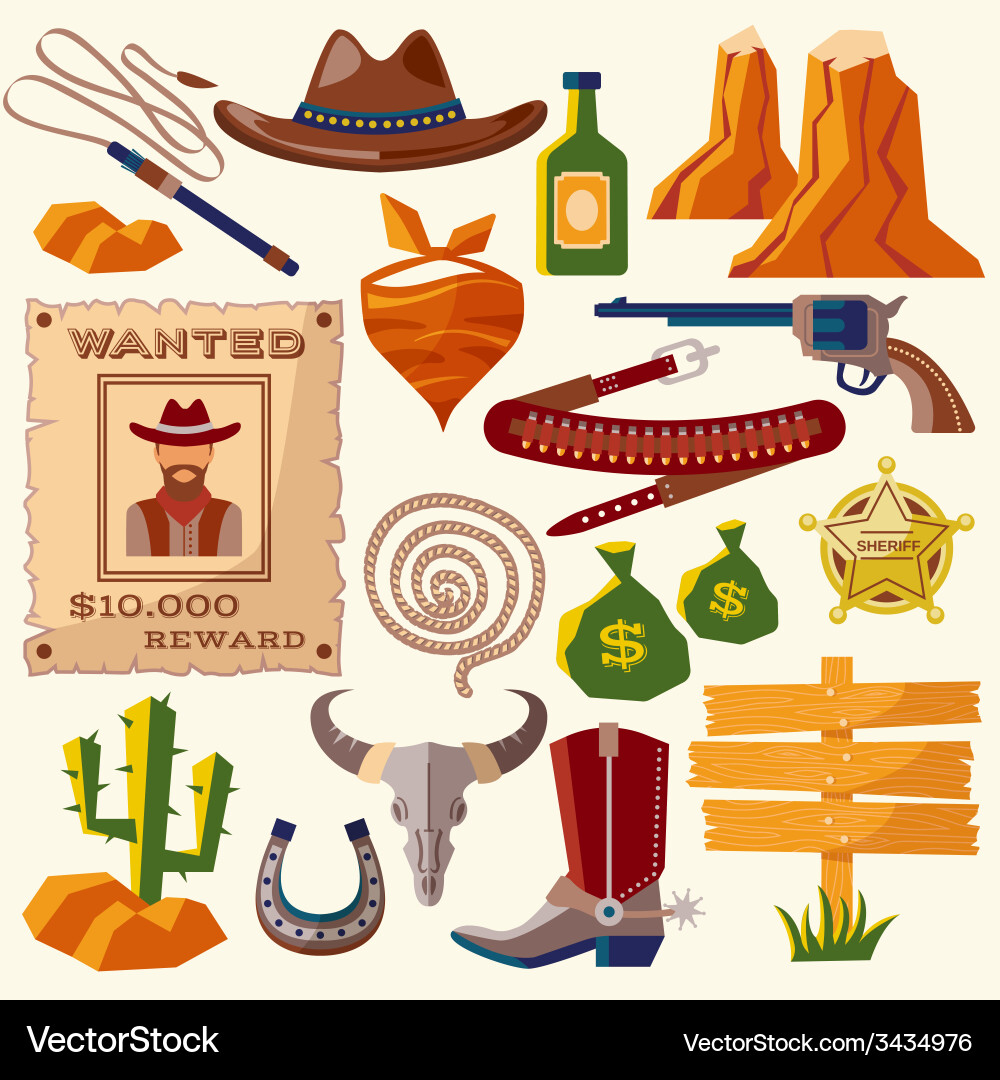 Cowboy icons flat Royalty Free Vector Image - VectorStock