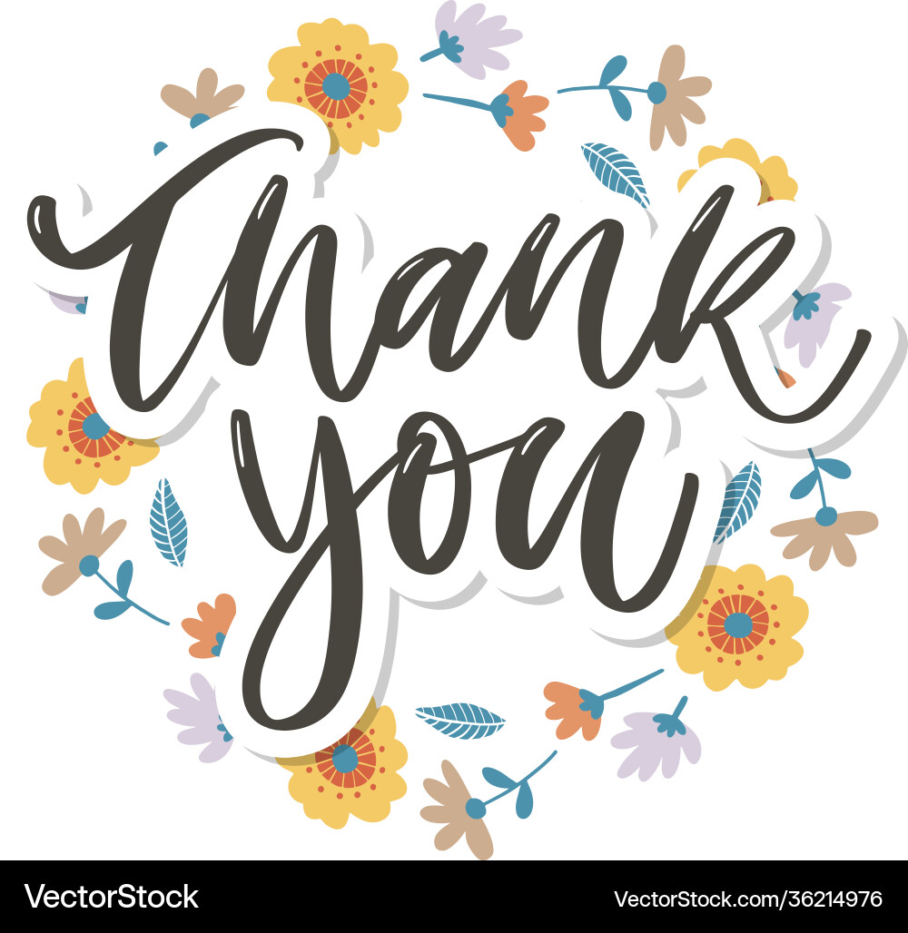 Cute thank you script card flowers letter text Vector Image