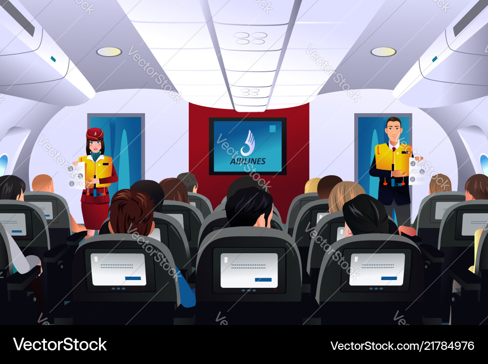 Flight attendant showing safety procedure Vector Image