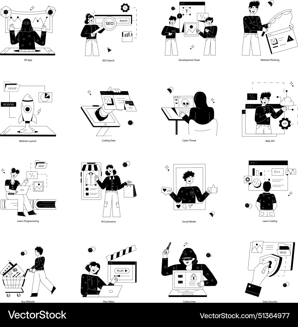 Bundle of web technology glyph mini Royalty Free Vector