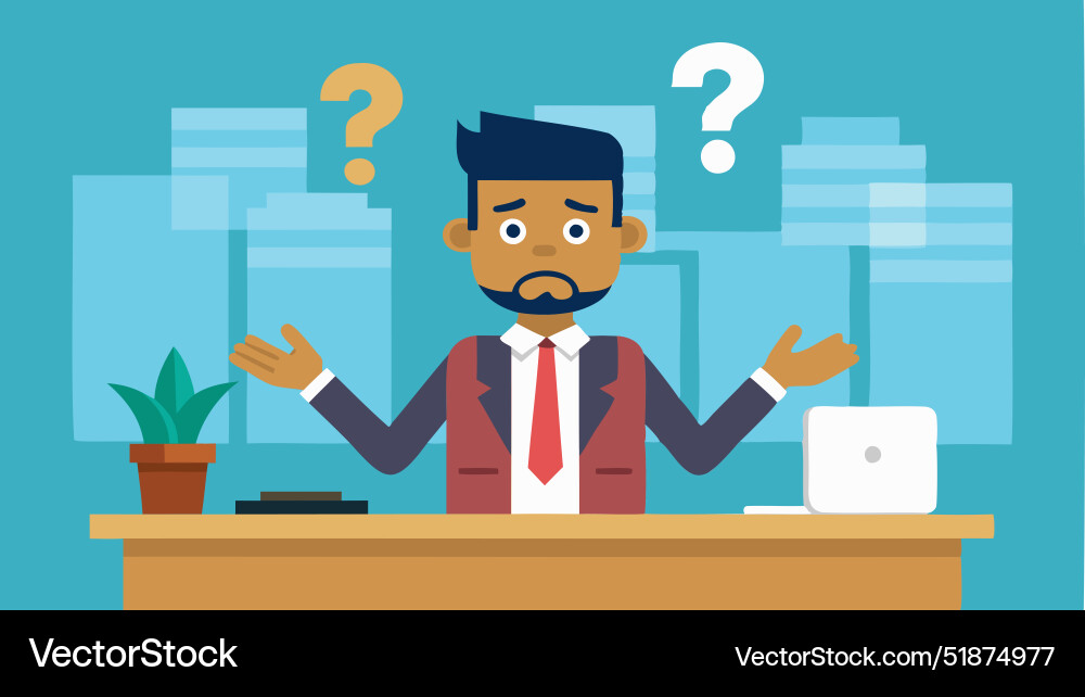 Confused businessman at office desk Royalty Free Vector