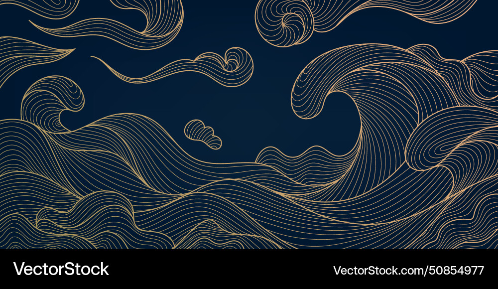 Sea waves japanese style pattern golden Royalty Free Vector