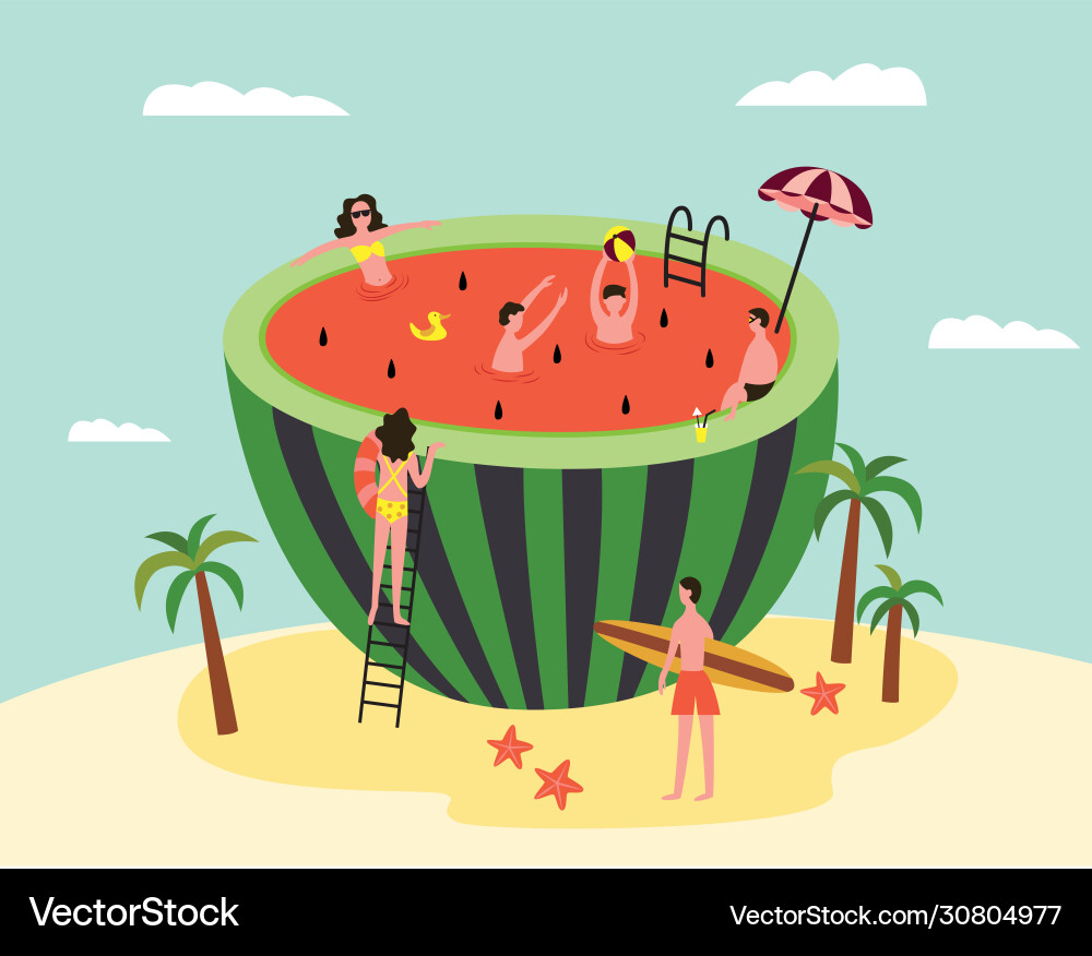 Watermelon swimming pool - cartoon people Vector Image