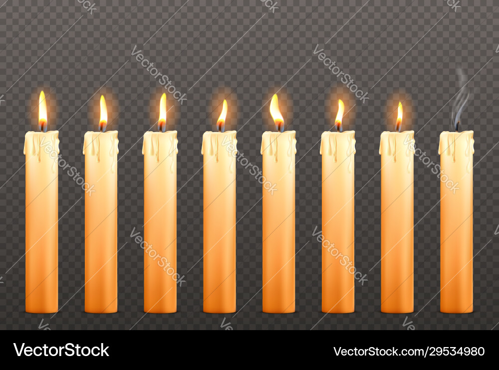 Candles with different fire flames and wax drips Vector Image