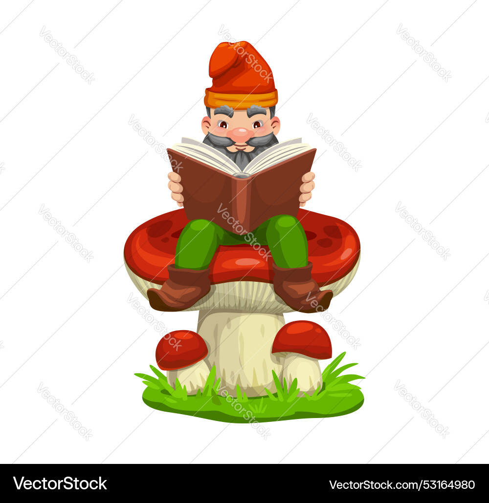 Gnome dwarf reading book sitting on mushroom Vector Image