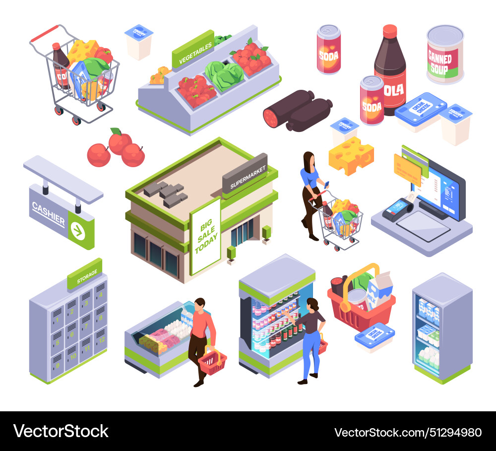 Isometric supermarket elements including customers