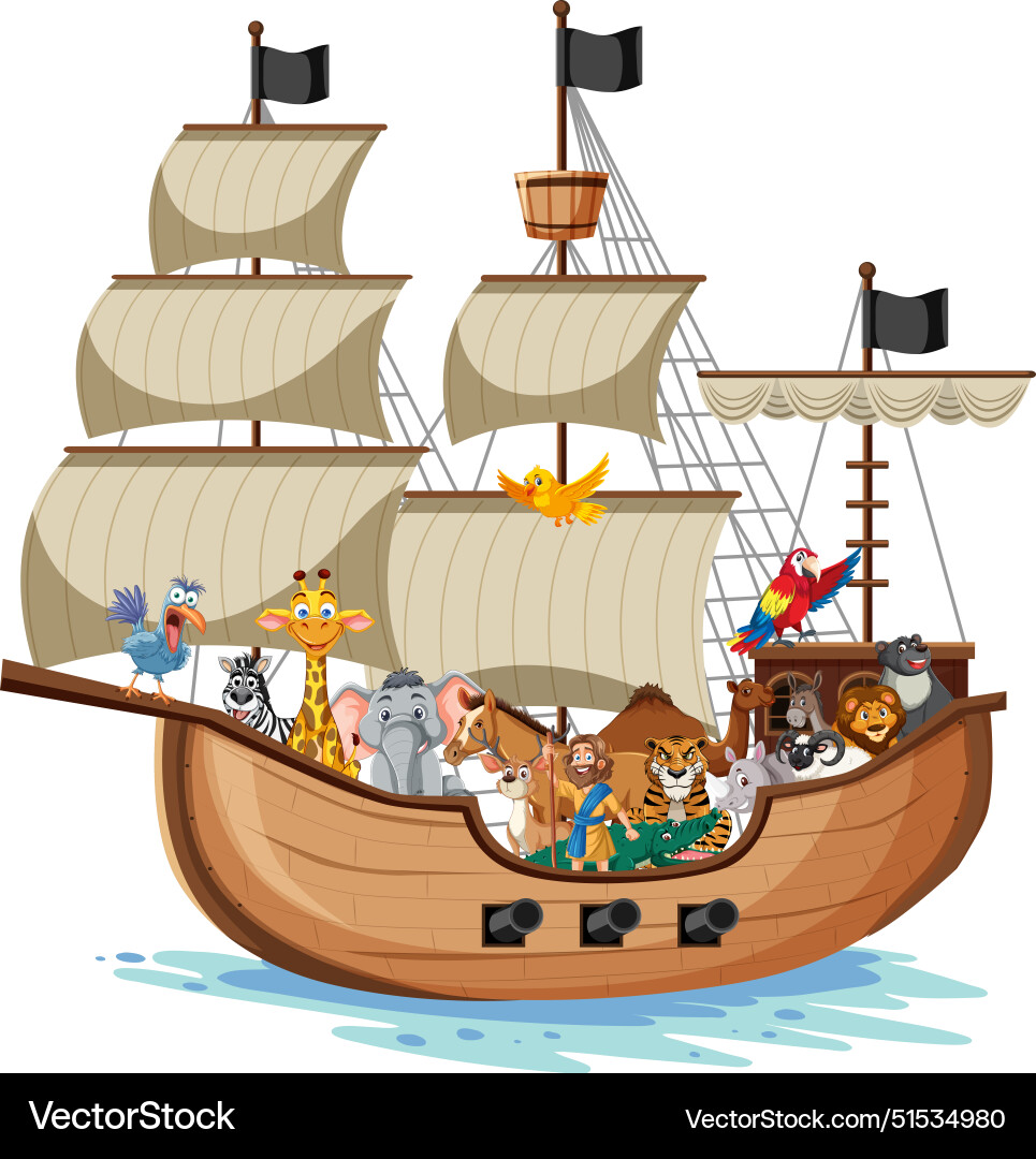 Various animals together on a wooden ship Vector Image