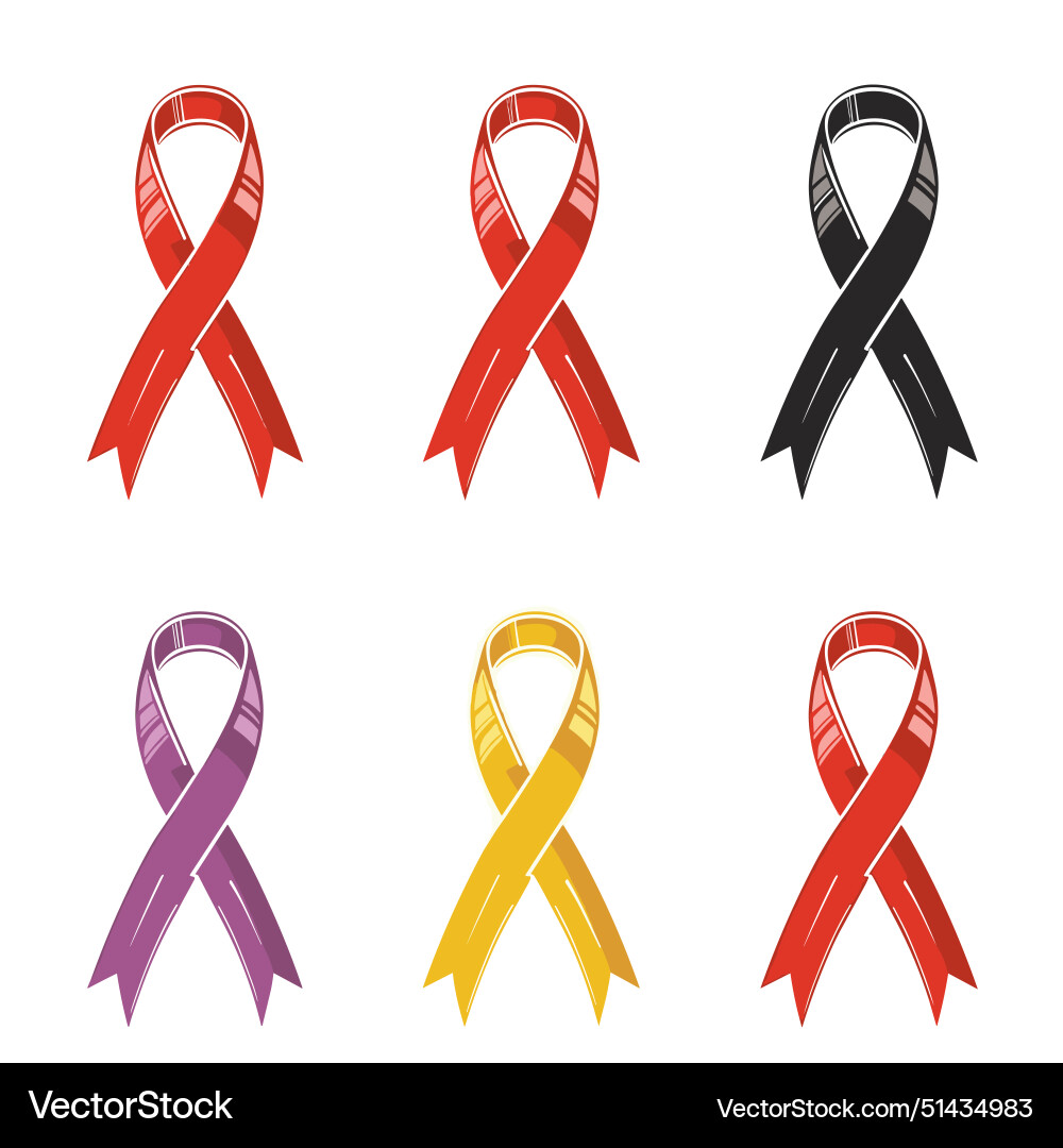 Six awareness ribbons various colors symbolizing Vector Image