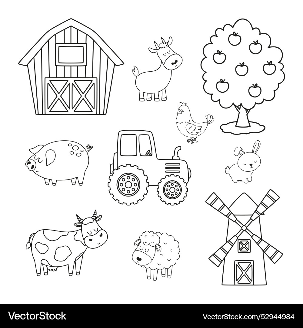 Cute outline farm set isolated Royalty Free Vector Image