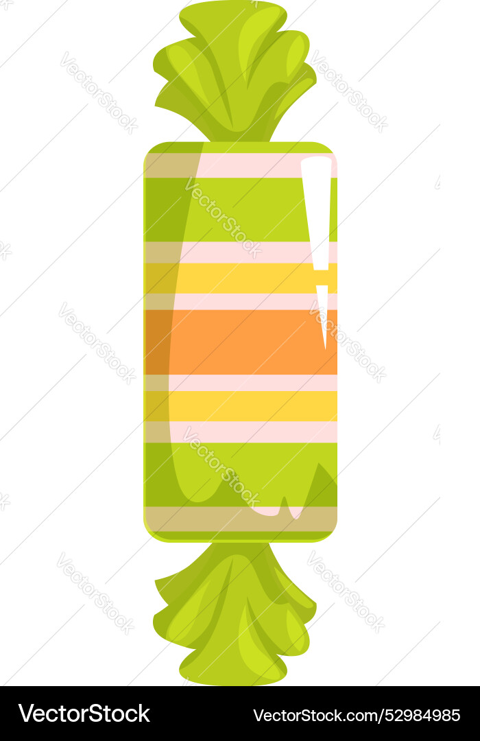 Green wrapped candy with orange and yellow stripes