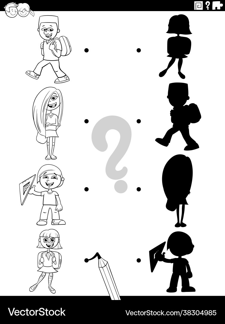 Shadow game with cartoon school kids coloring Vector Image
