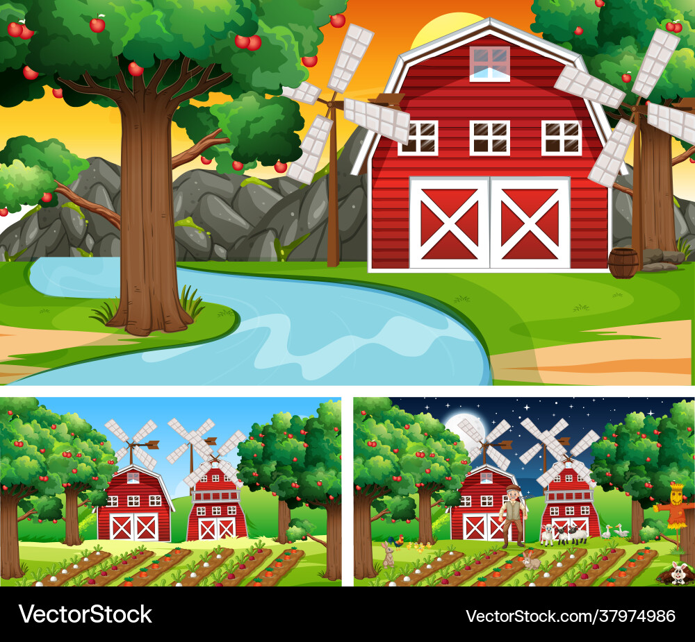 Different farm scenes with animals cartoon Vector Image