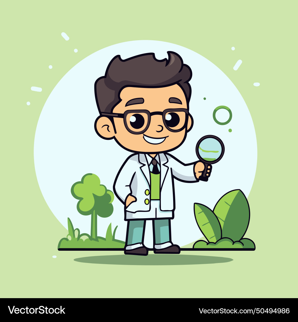 Scientist with magnifying glass in cartoon style Vector Image