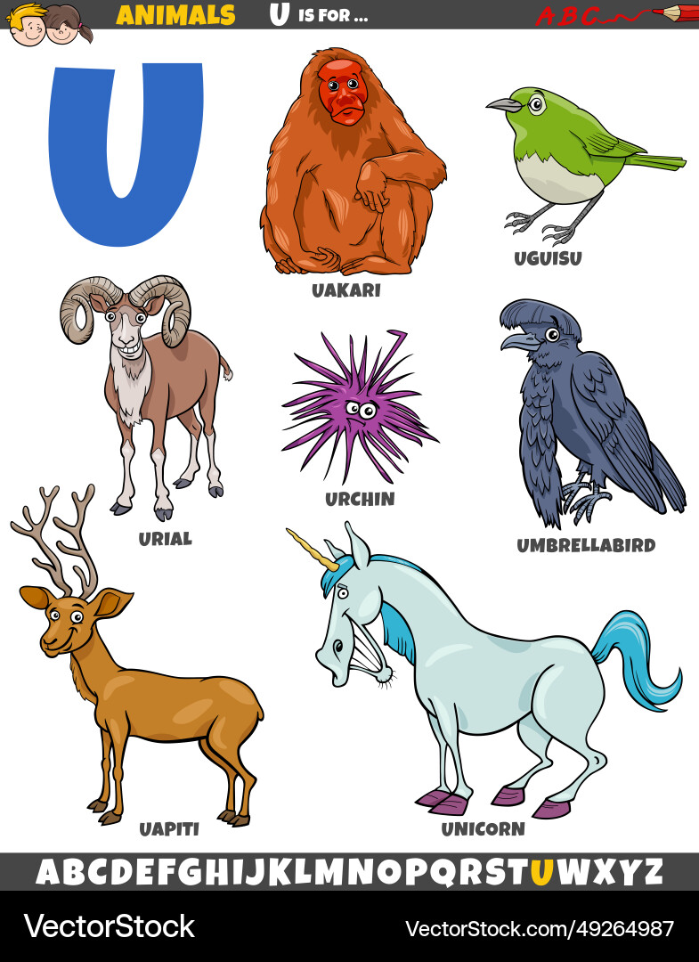 Cartoon animal characters for letter u Royalty Free Vector