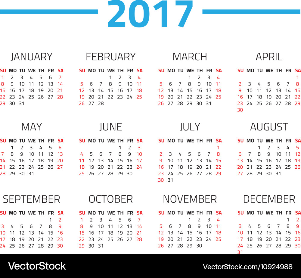 2017 Calendar - Weekly Start Sunday Royalty Free Vector