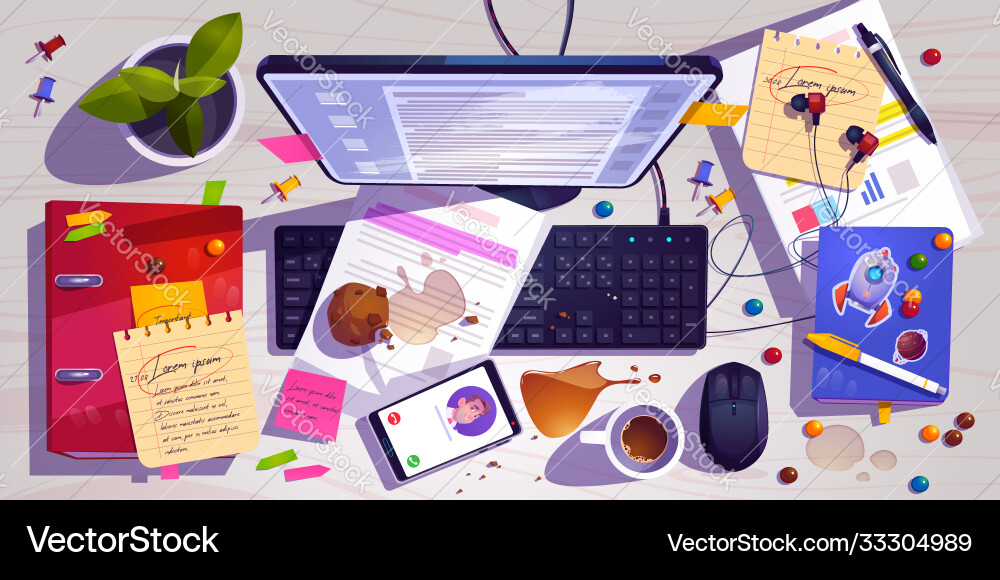 Cluttered Office Desk - Top View Royalty Free Vector Image