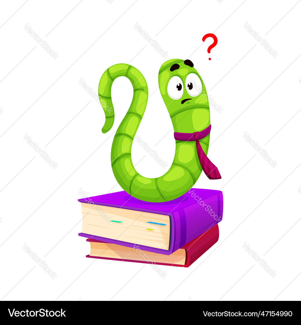 Cartoon bookworm character book worm with question