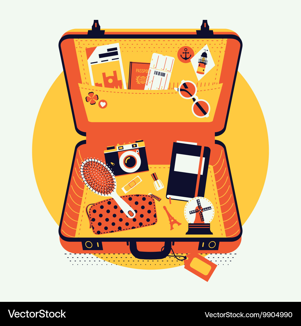 Open suitcase with items Royalty Free Vector Image