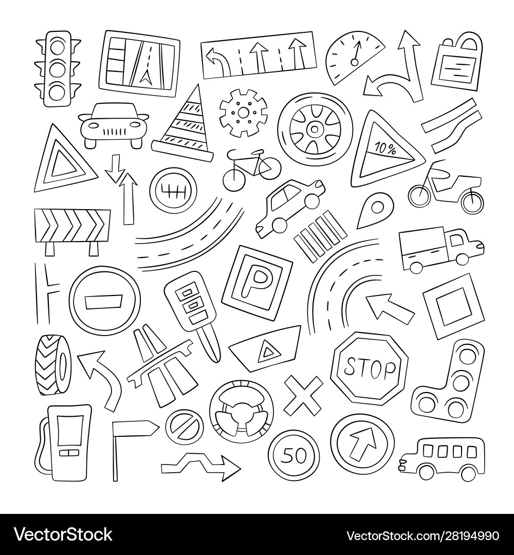 Set cars road objects traffic signs Royalty Free Vector