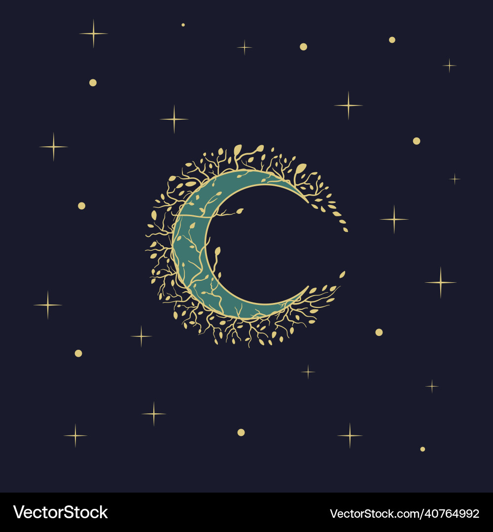 An editable crescent moon at night with roots Vector Image